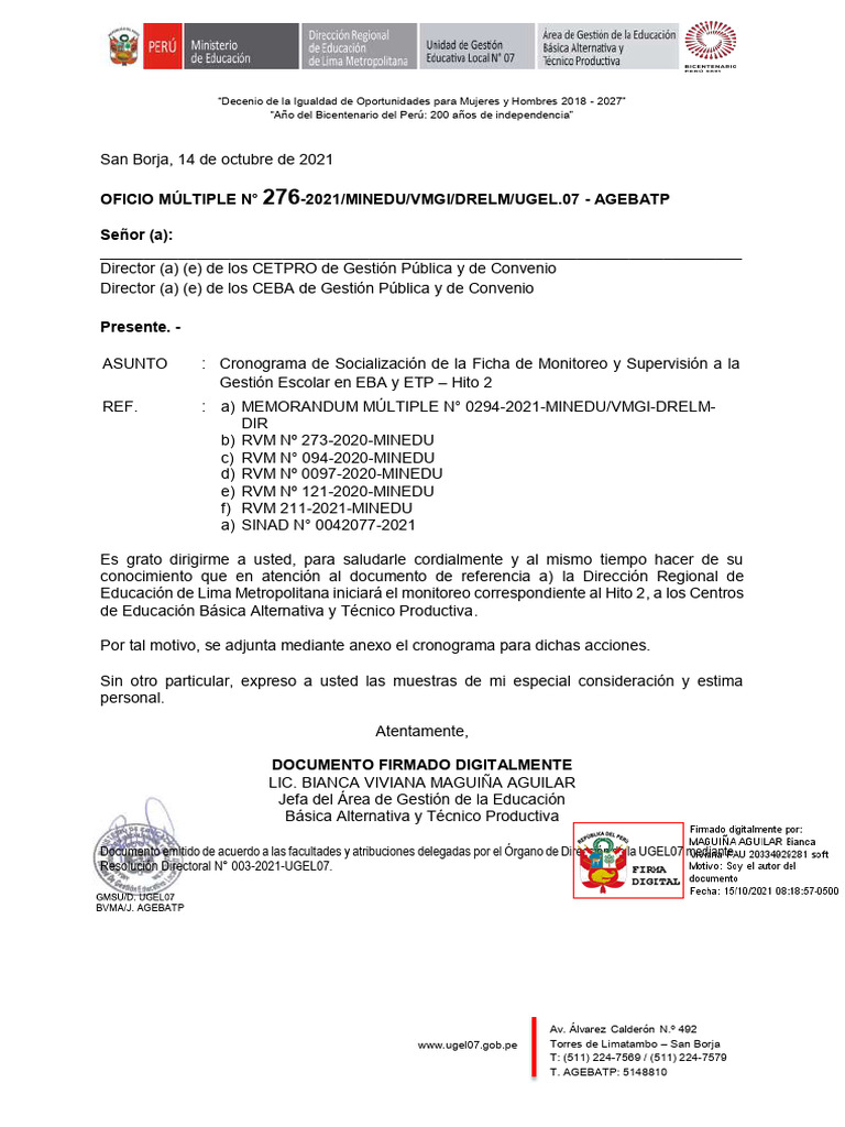 OFIC. MULT. #276 2021 CEBA Y CETPRO Cronograma de Socialización de La Ficha de Monitoreo y ...