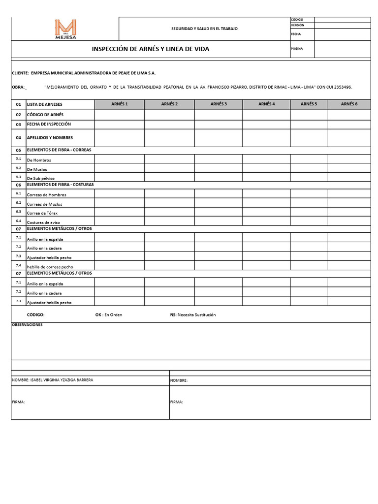 SST.F.012 Check List de Arnes y Linea de Vida | PDF SST.F.012 Check List de Arnes y Linea de Vida | PDF