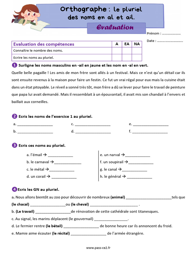 Pece2 Evaluation CE2 Le Pluriel Des Noms en Al Et Ail | PDF