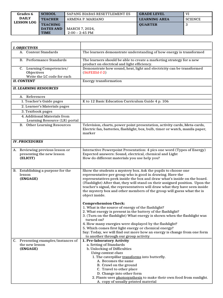 Cot DLP Science 6 Energy Transformation q3 | PDF