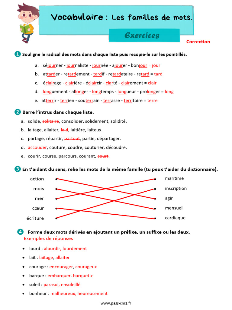 Pecm1 Exercices Correction Cm1 Les Familles de Mots | PDF