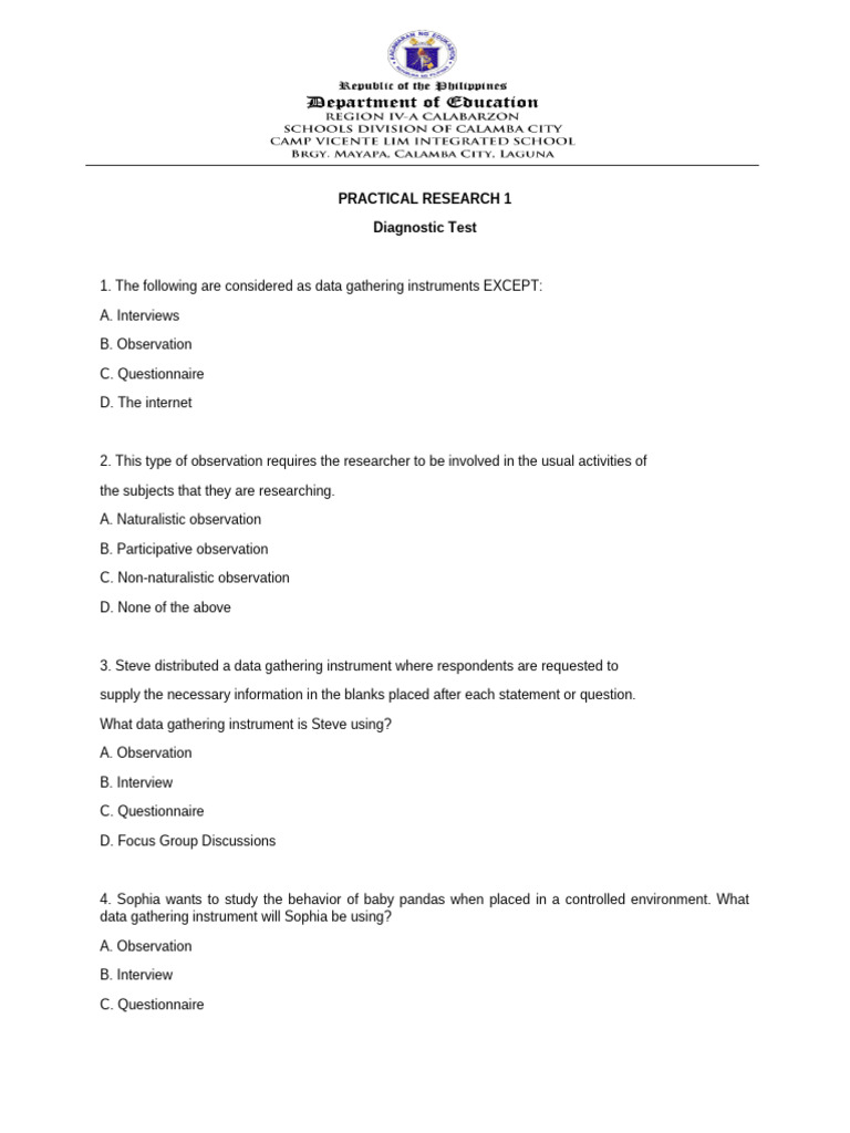 Diagnostic Test - Practical Research 1 | PDF