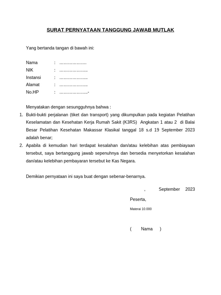 Format Surat Pernyataan Tanggung Jawab Mutlak | PDF