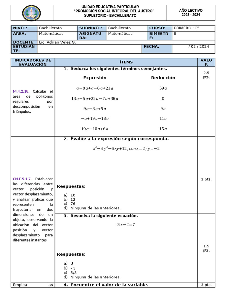Eval. Diag. Matemáticas - Segundo | PDF