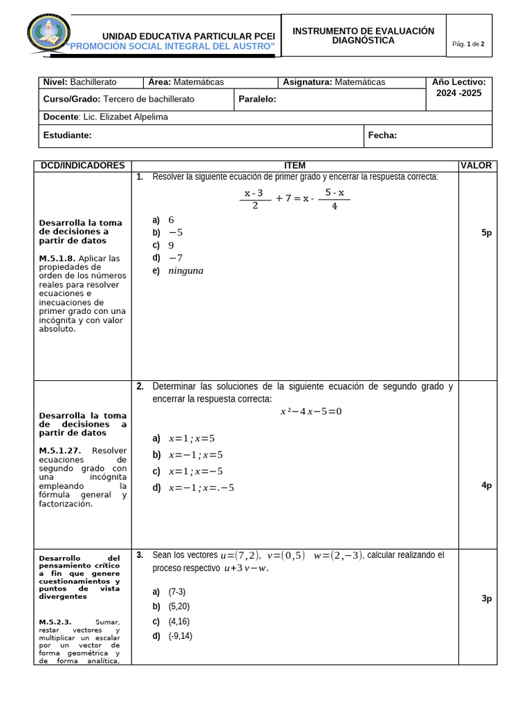 Eval. Diag. Matemáticas - TERCERO | PDF | Ecuaciones | Métodos y materiales de enseñanza