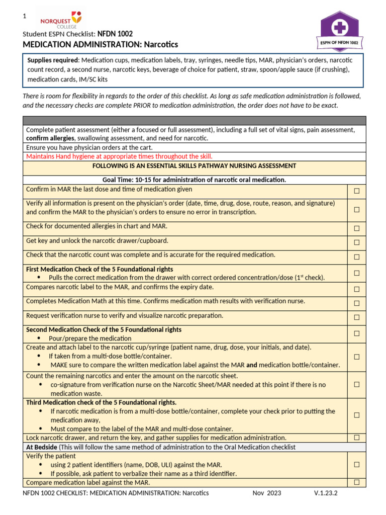 NFDN 1002 Student ESPN Checklist Narcotic Administration V1.23.2 (2) | PDF