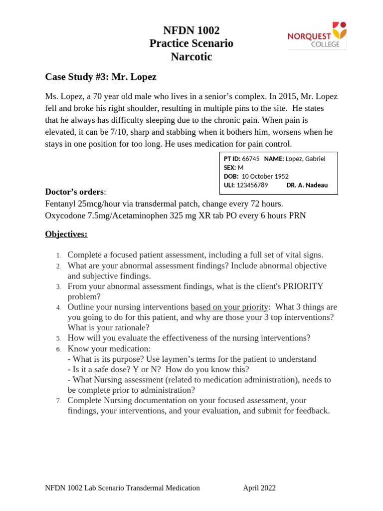 NFDN 1002 Lab Scenario Practice Scenario #3 Narcotics | PDF
