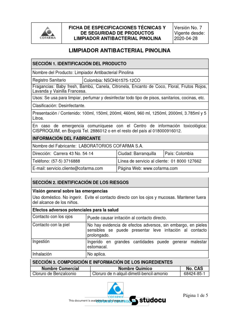 Desinfectante Ficha Tecnica Pinolina | PDF