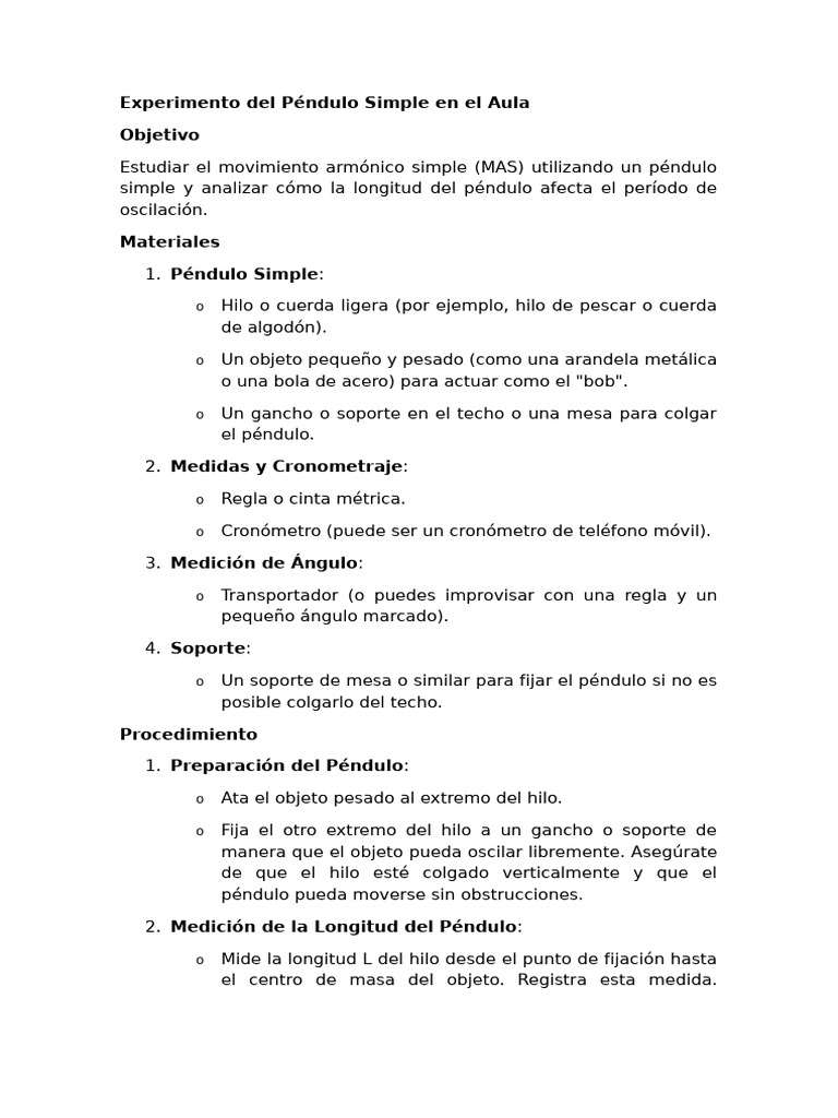 Experimento del Péndulo Simple en el Aula | PDF