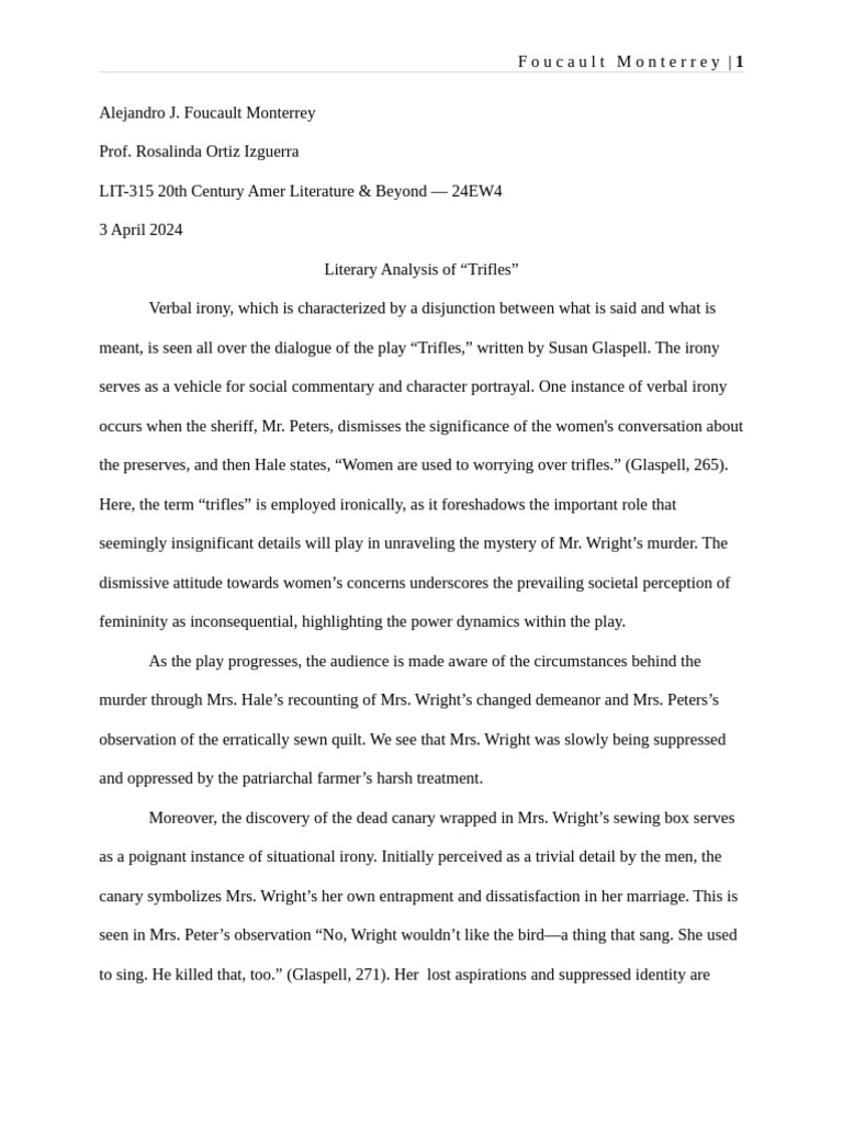Literary Analysis of "Trifles" | PDF