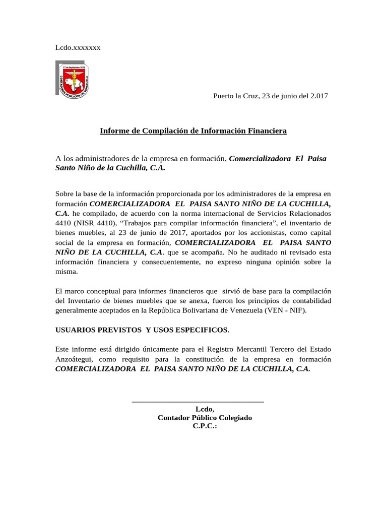 Informe de Compilacion Financiera (Modelo de Informe Inventario) | PDF