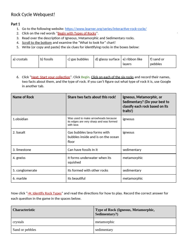Rock Cycle Webquest | PDF