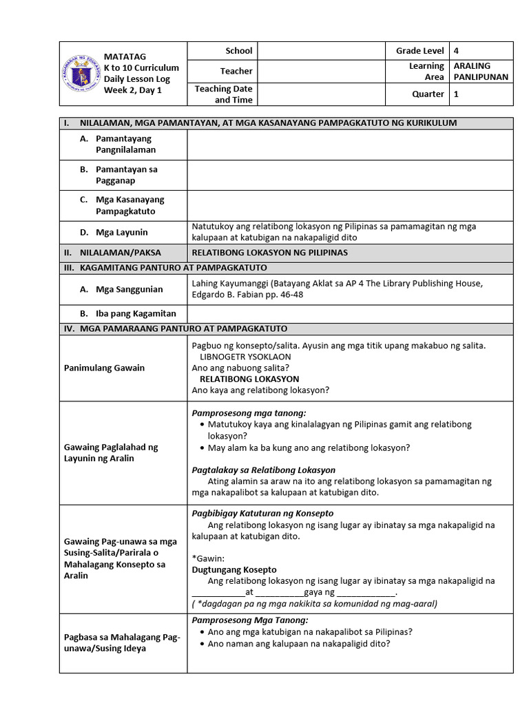 DLL Matatag AP_4_Q1_W2_Day 1 | PDF