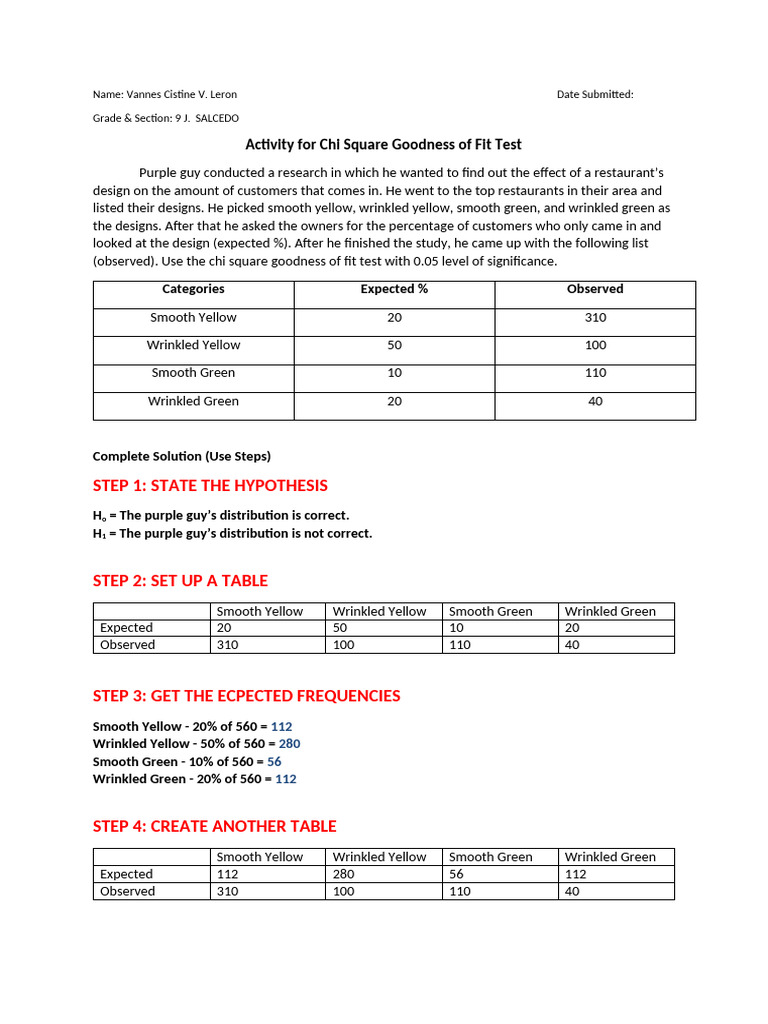 Activitiy For Chi Square Goodness of Fit Test | PDF | Chi Squared Test ...