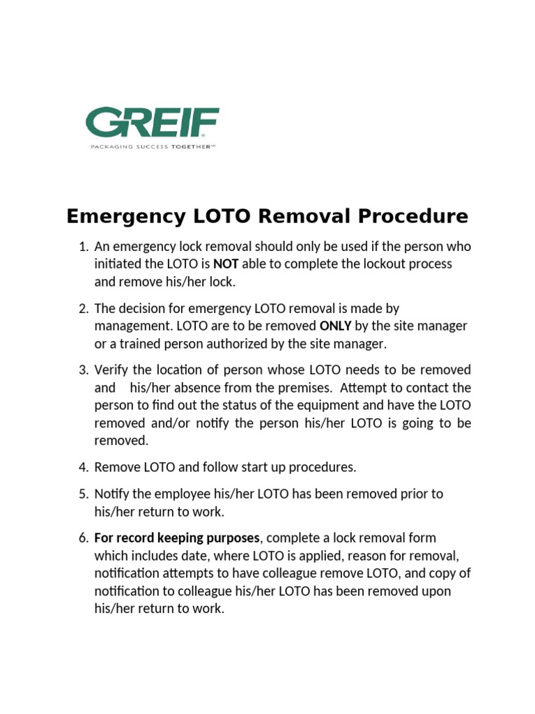 LOTO Lock Removal Procedure 11-08-2022 | PDF