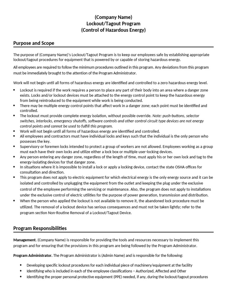 Lockout Tagout Program | PDF