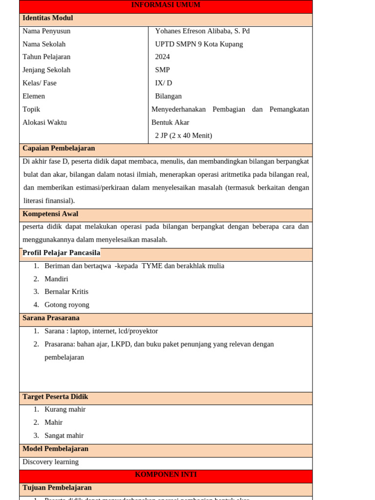 Modul Ajar - Bentuk Akar | PDF