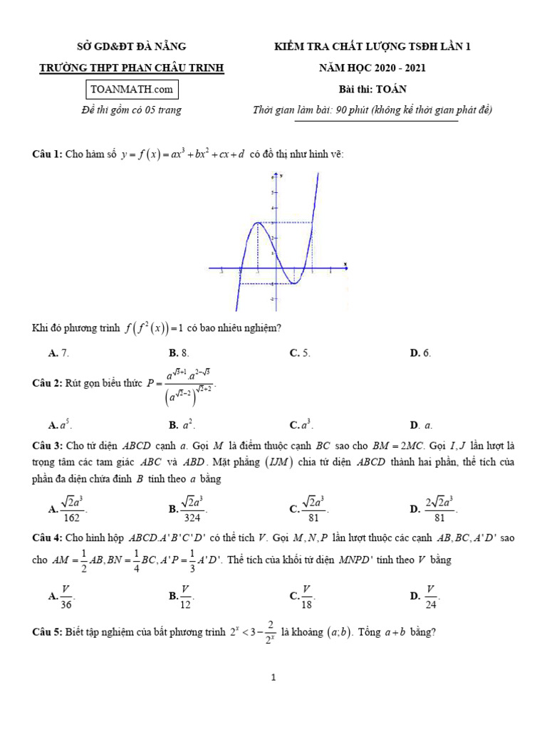 De Kiem Tra Chat Luong TSDH 2021 Lan 1 Mon Toan Truong Phan Chau Trinh ...
