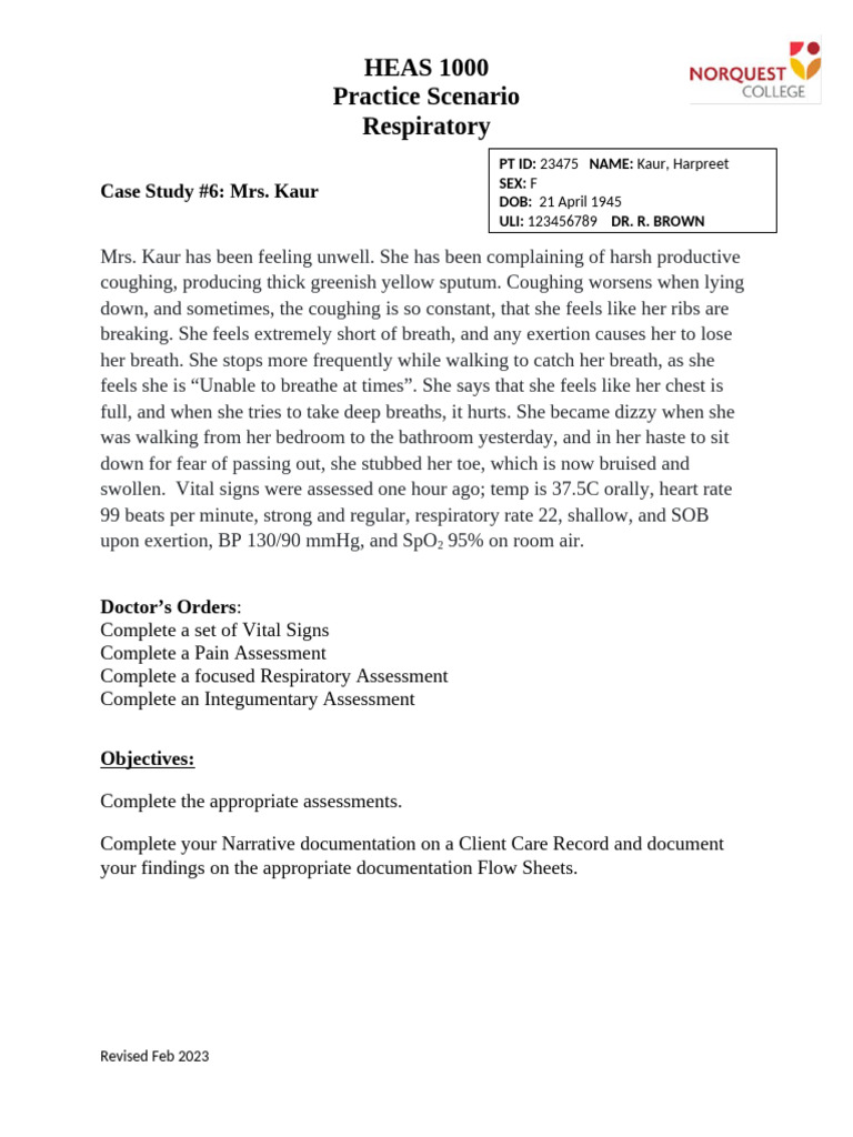 HEAS 1000 Lab Practice Scenario #6 Respiratory | PDF