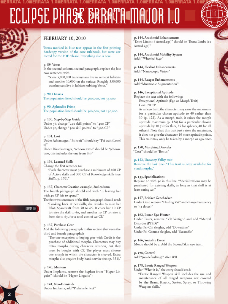 Eclipse Phase 1e - Errata Major | PDF