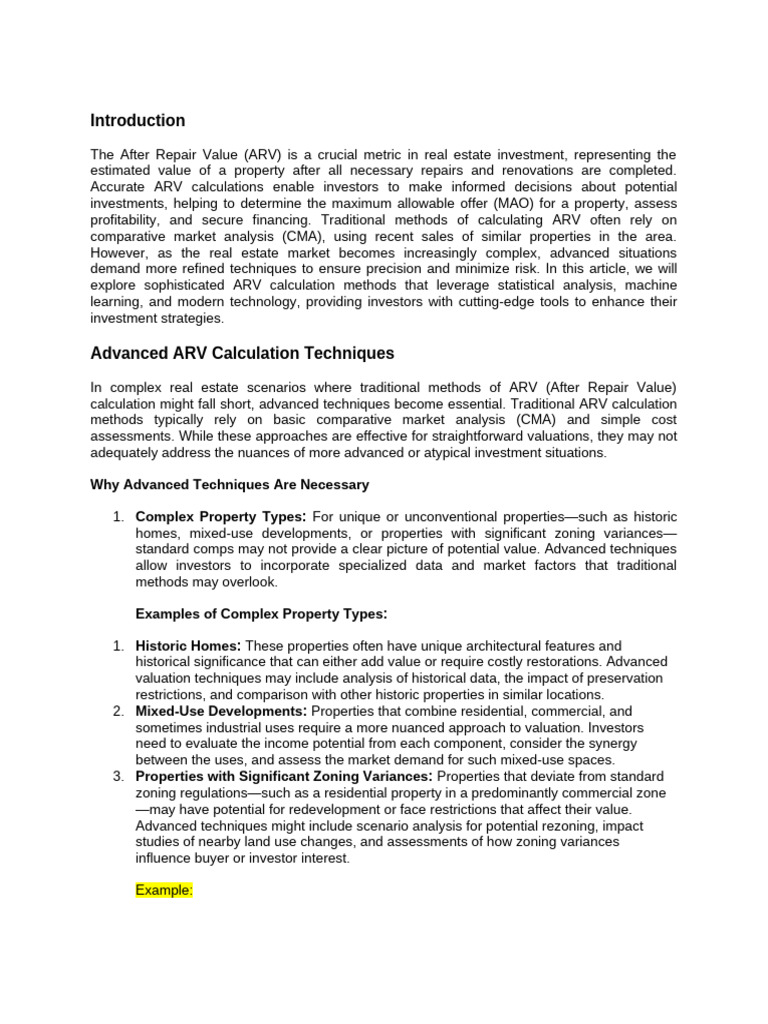 How to Calculate ARV for Advanced Situations | PDF