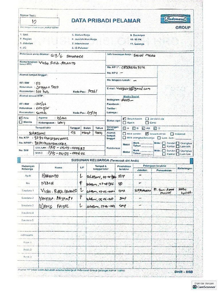 Form Data Pribadi Pelamar VICKO RIADI ARIANTO | PDF