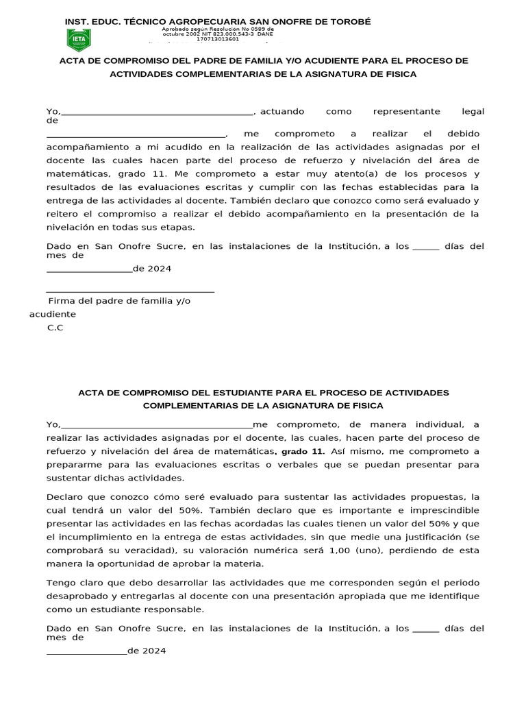 Actividades Complementarias Matematicas 11 y Actas de Compromisos 2024 | PDF