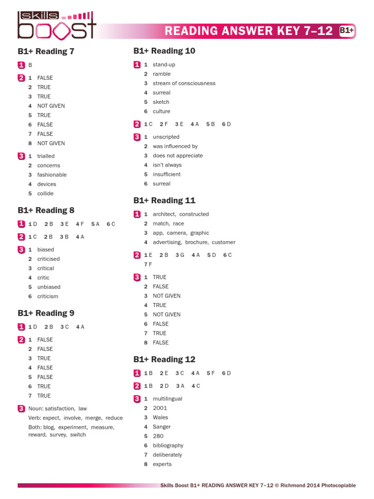 B1 Reading Answer Key 7-12 | PDF