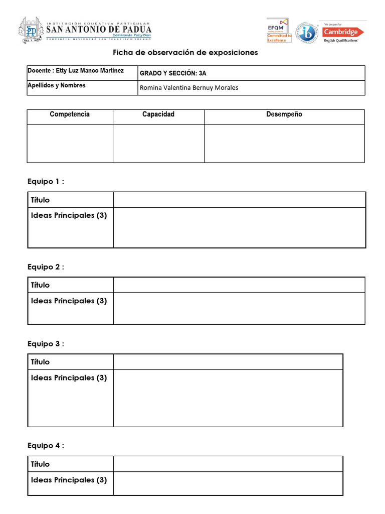Ficha de Observación de Exposiciones SEMANA Nº2 IV BIM | PDF
