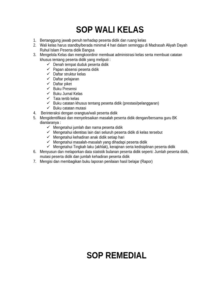 SOP GURU WALI KELAS Dan SOP REMEDIAL | PDF