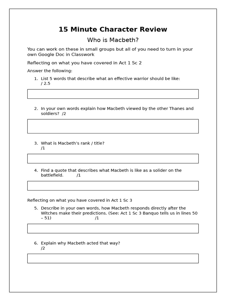 15 Minute Character Review Macbeth Act 1 SC2 SC 3 | PDF
