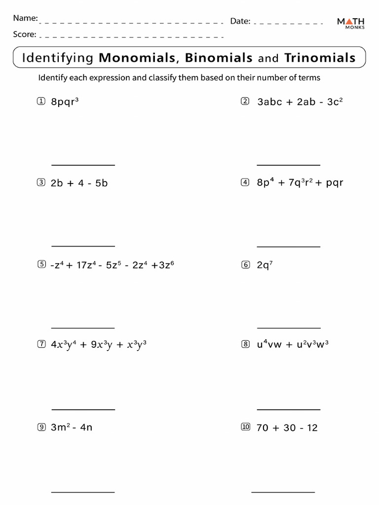 Identify Monomial Binomial Trinomial Worksheet | PDF