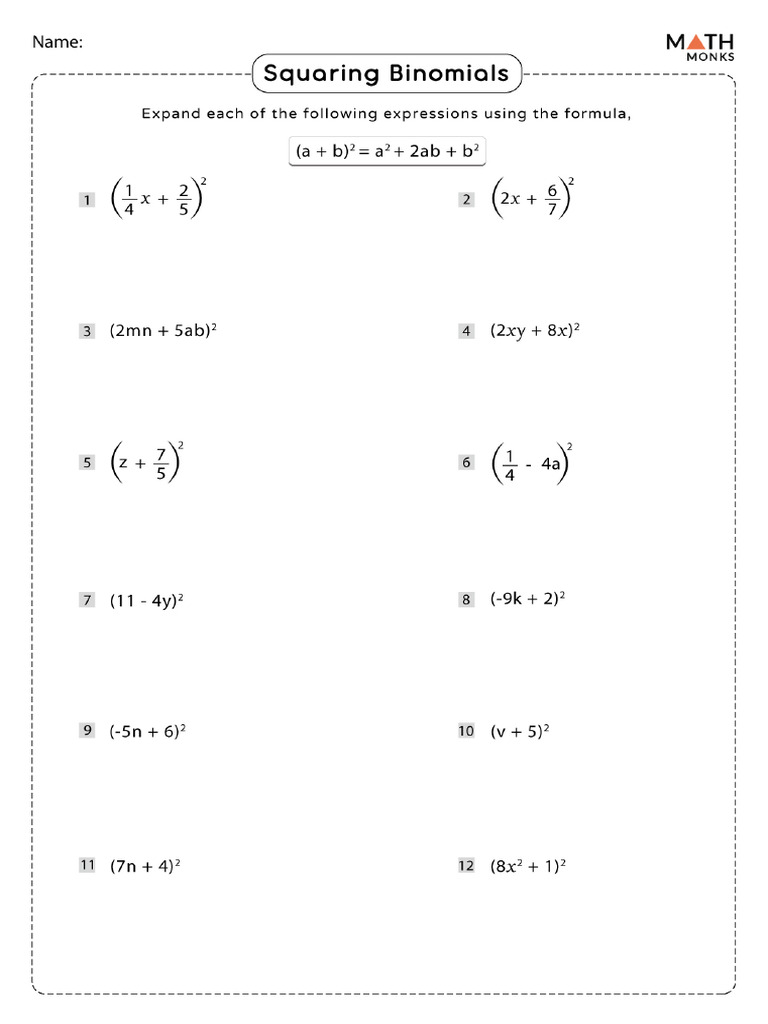 Square of Binomial Worksheet | PDF