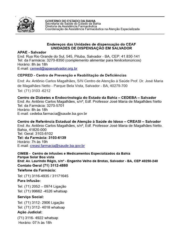 Enderecos de Unidades de Dispensação - CEAF | PDF