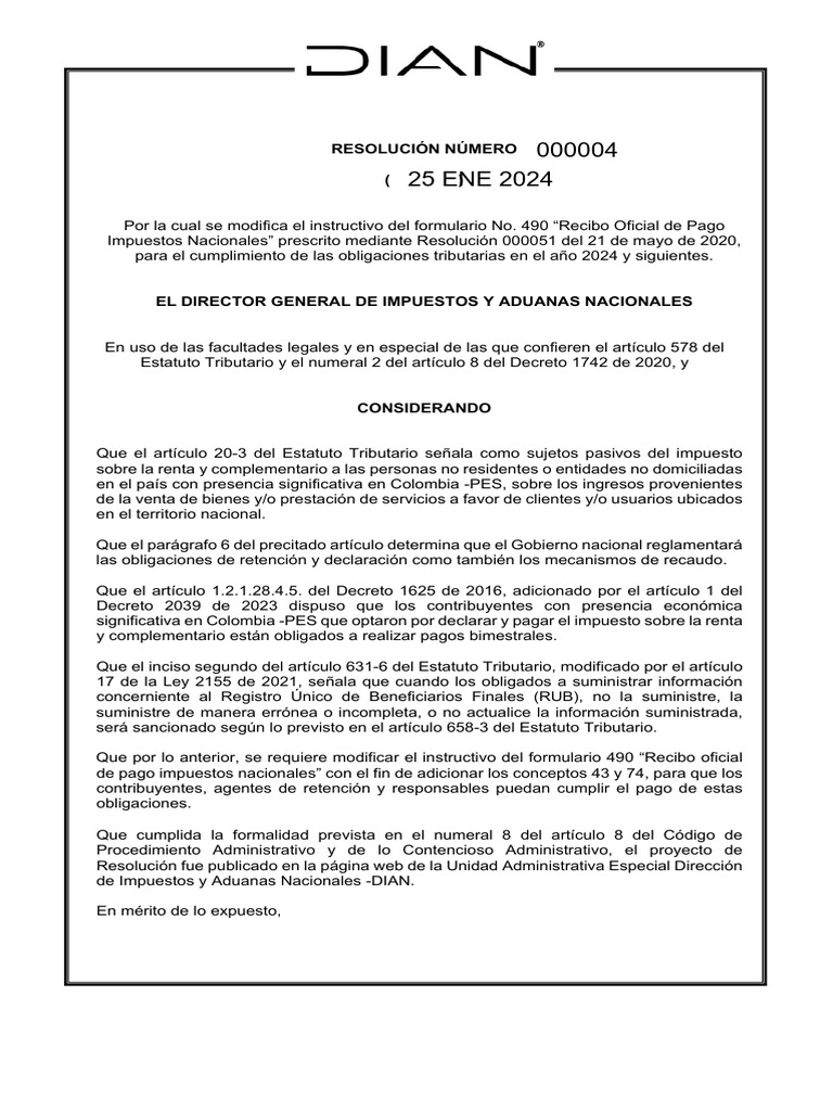 Resolución 000004 de 25-01-2024 | PDF Resolución 000004 de 25-01-2024 | PDF