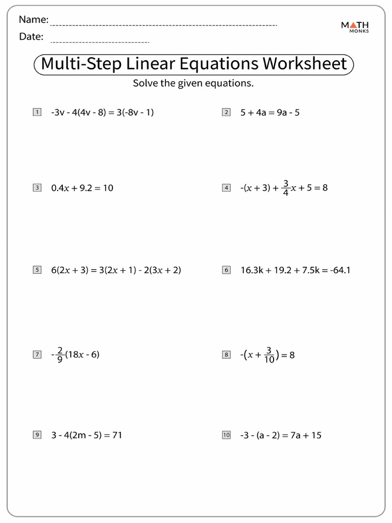 Solving Multi Step Linear Equations Worksheet Pdf
