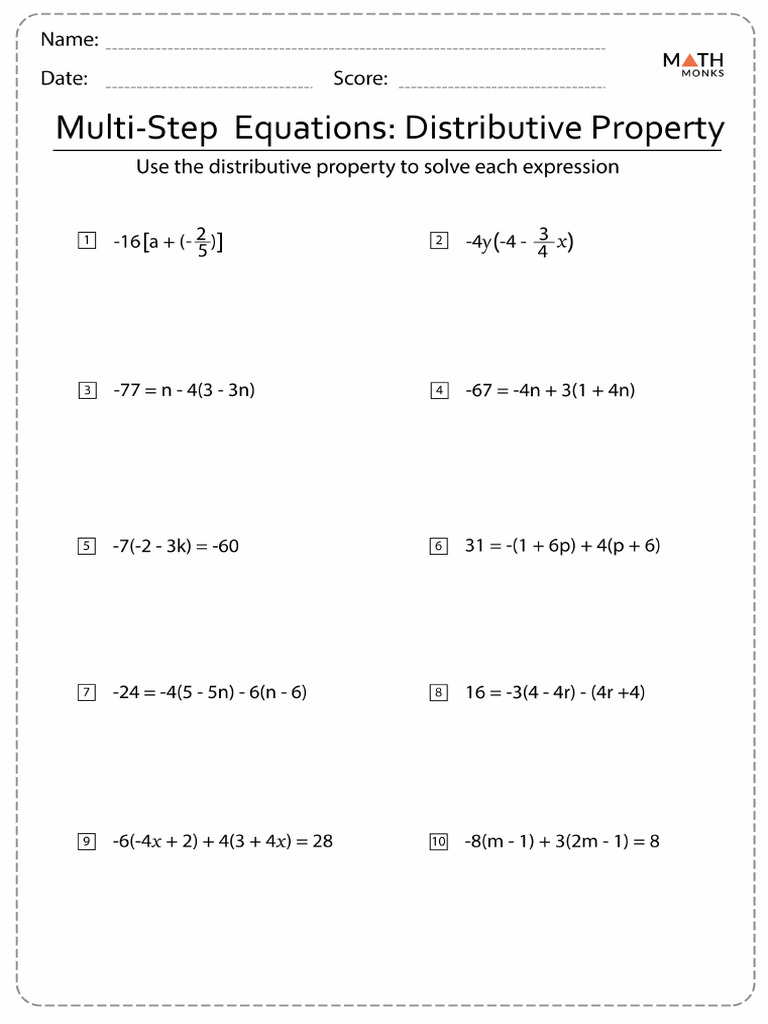 Multi Step Equations Distributive Property Worksheet | PDF