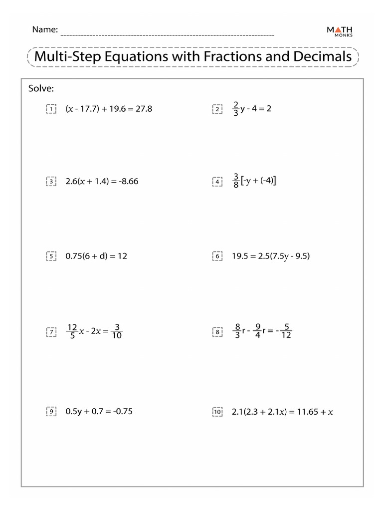Multi Step Equations With Fractions and Decimals Worksheet | PDF