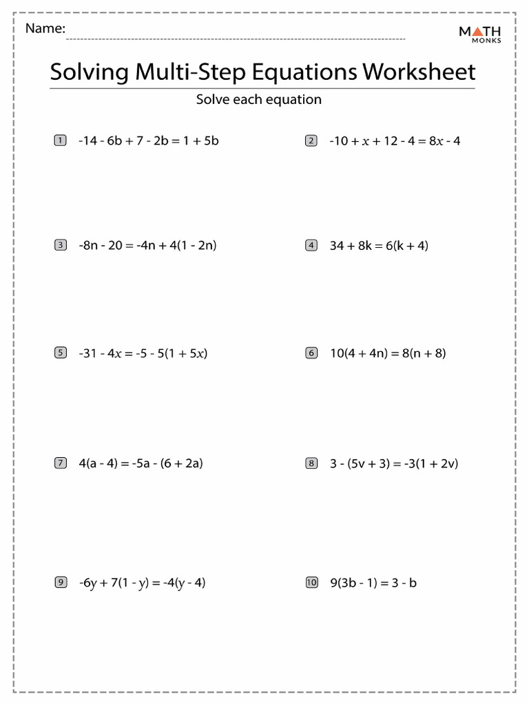 Multi Step Equations Worksheet 8th Grade | PDF