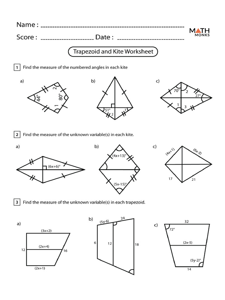 Trapezoid and Kite Examples Worksheet | PDF
