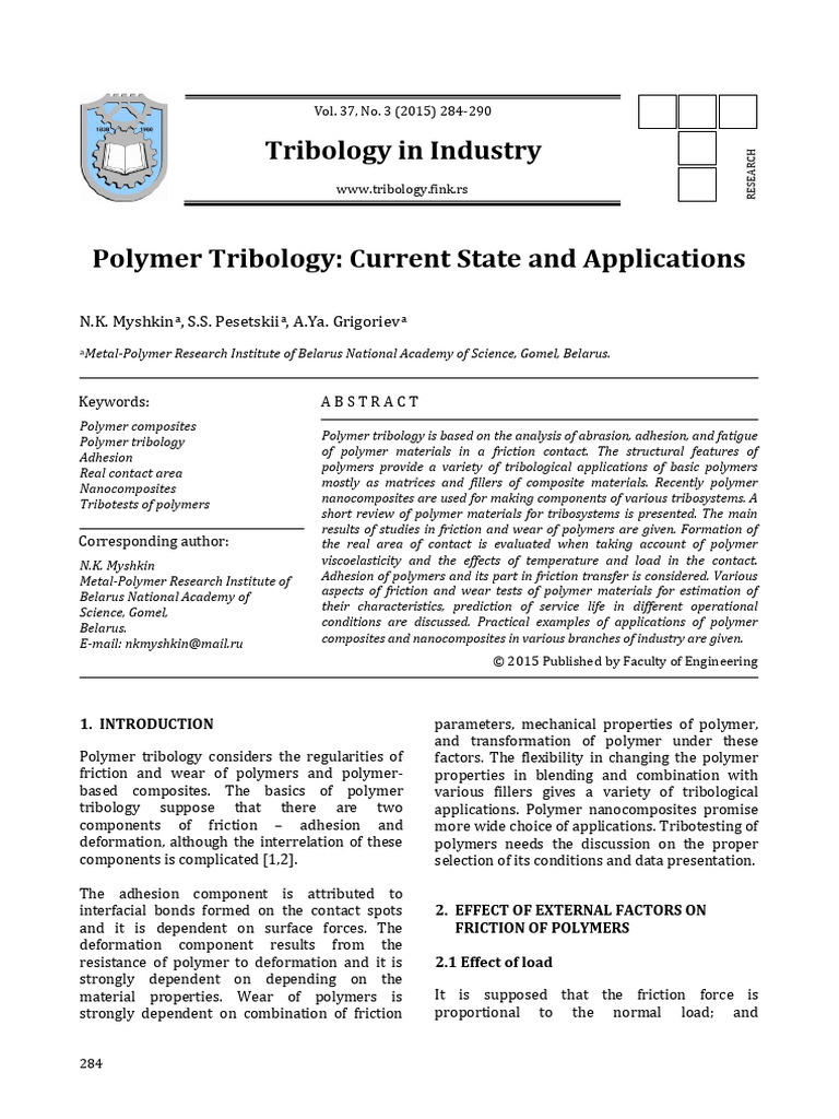Polymer Tribology - Current State and Applications | PDF