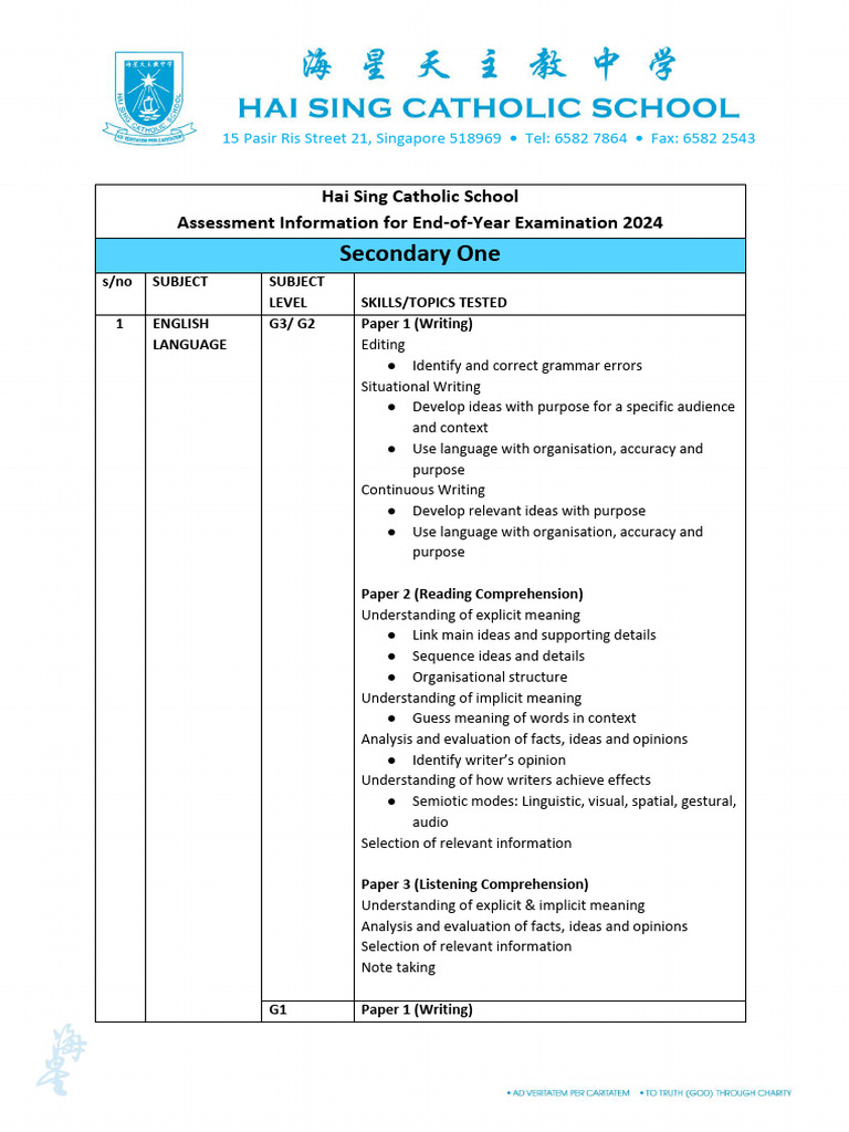 2024 Sec 1 EOY Assessment Information | PDF