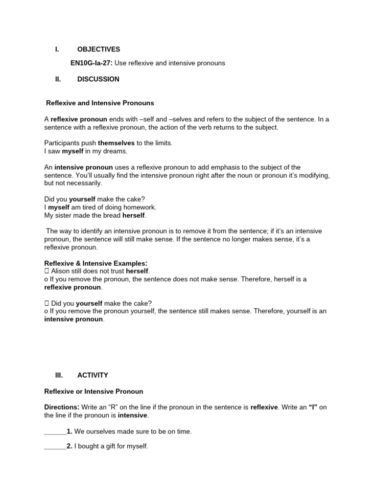 Reflexive vs. Intensive Pronouns Guide | PDF | Pronoun | Language Arts ...