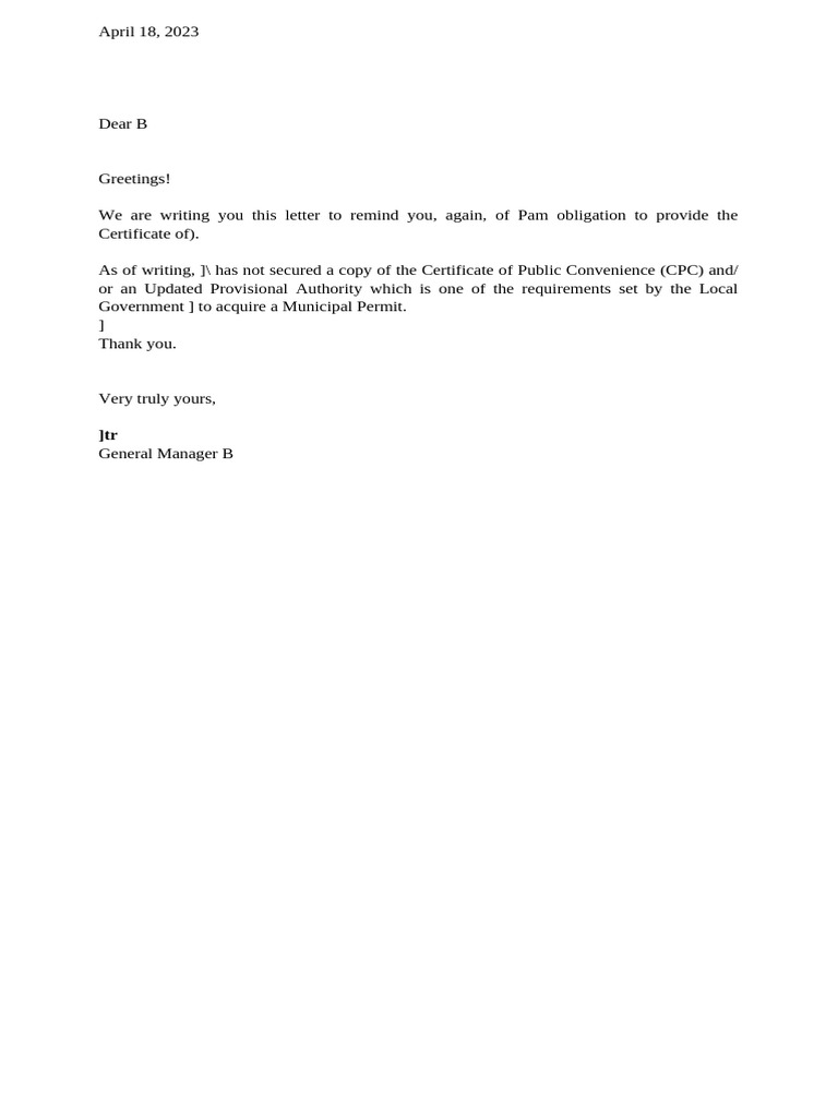 Letter To BM, Reminding CPC | PDF