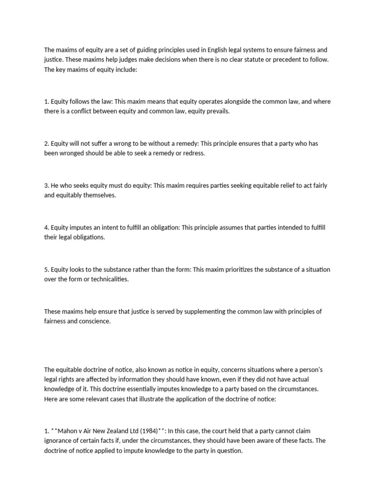 Summary Notes On Maxims Of Equity Pdf Equity Law Law