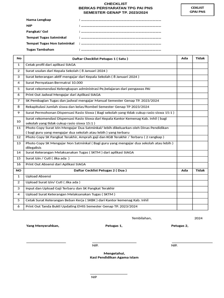 CHECKLIST ini ini | PDF