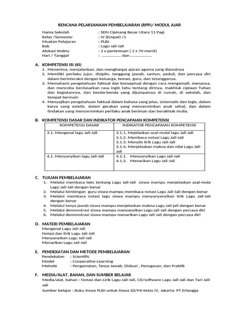 RPP PLBJ Kelas 4 Semester 1 | PDF