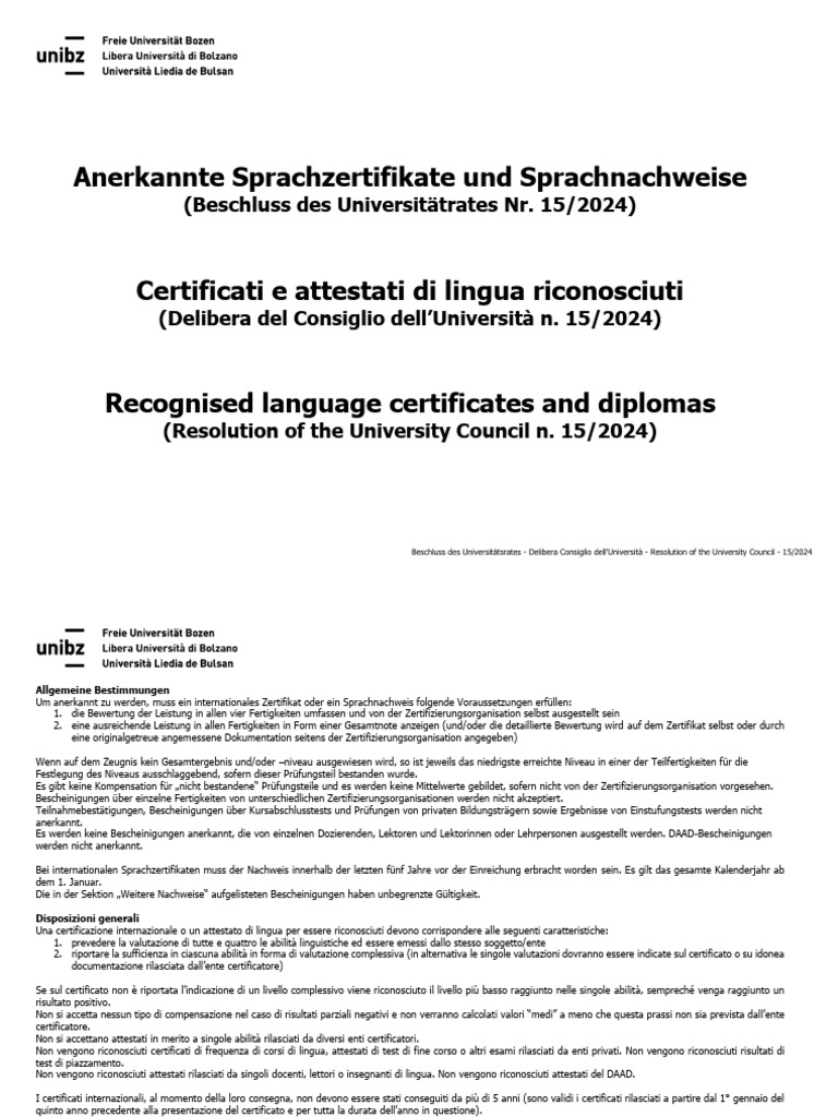 Unibz Recognised Language Certificates v2 | PDF