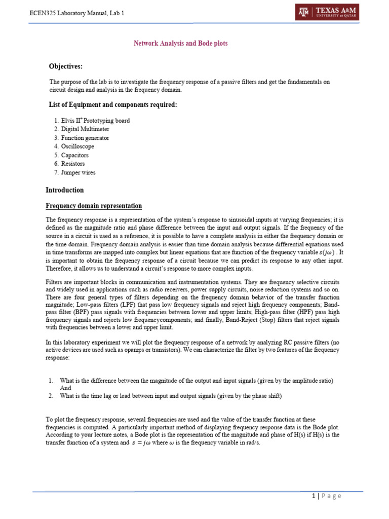 Lab 1 - Network Analysis and Bode Plots | PDF