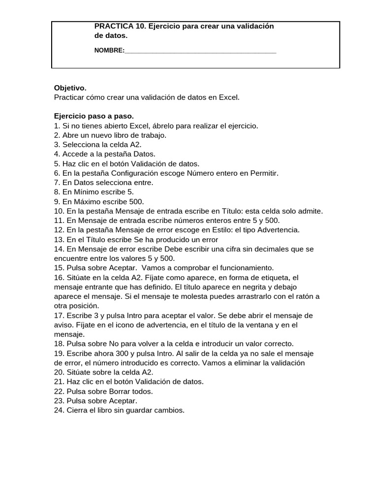 PRACTICA 10. Ejercicio para Crear Una Validación de Datos. | PDF